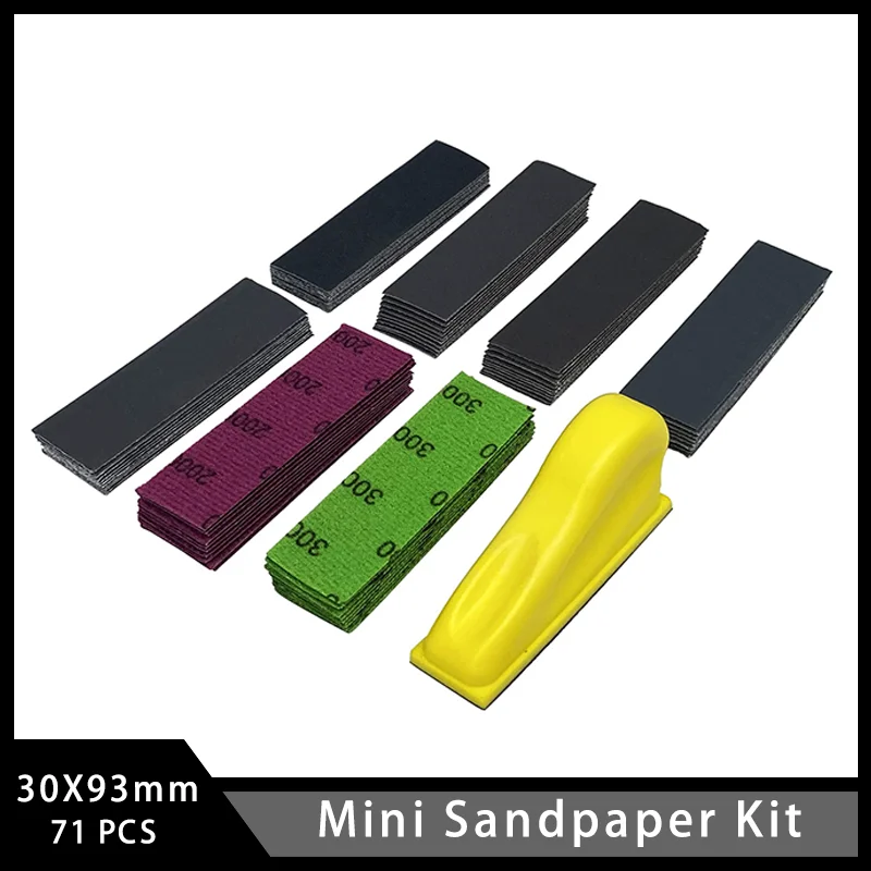 30X93mm Mini Sandpaper Kit 71 Pcs with Hook and Loop Hand Sanding Block ...