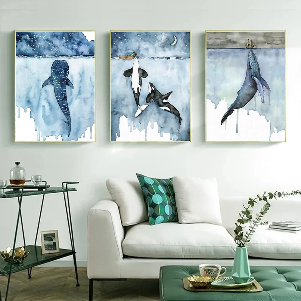 Nordic Style Watercolor Abstract Whale Sea Wall Art Poster Modern ...