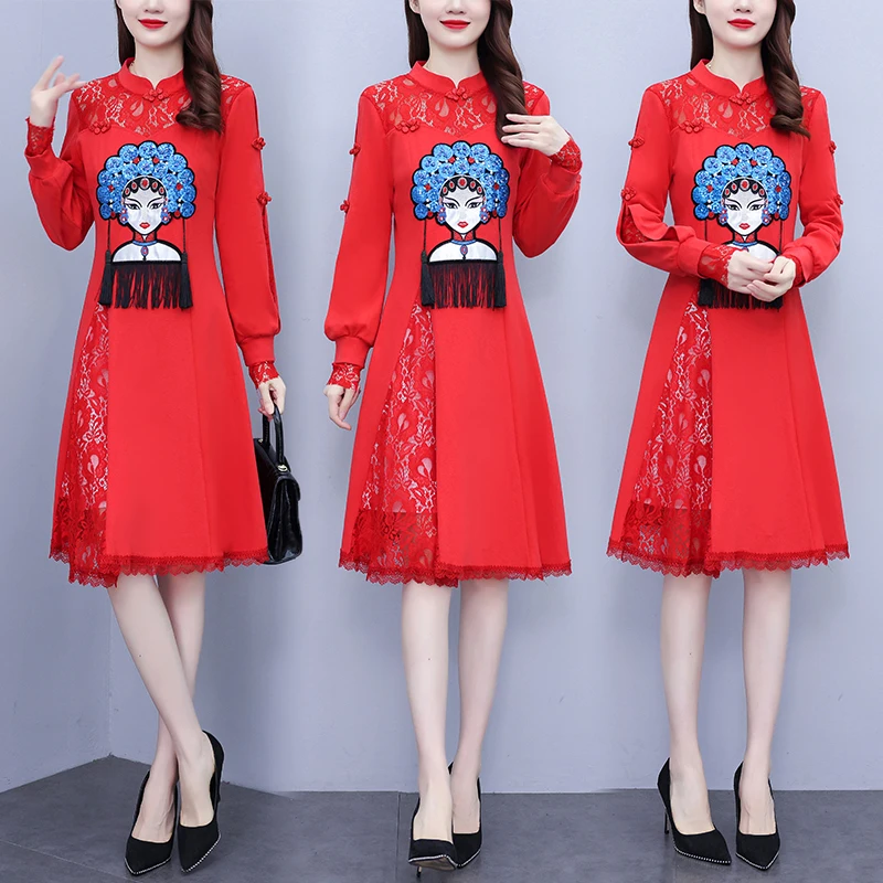 Chinese New Year Red And Black Beijing Opera Printed Dress Women's ...