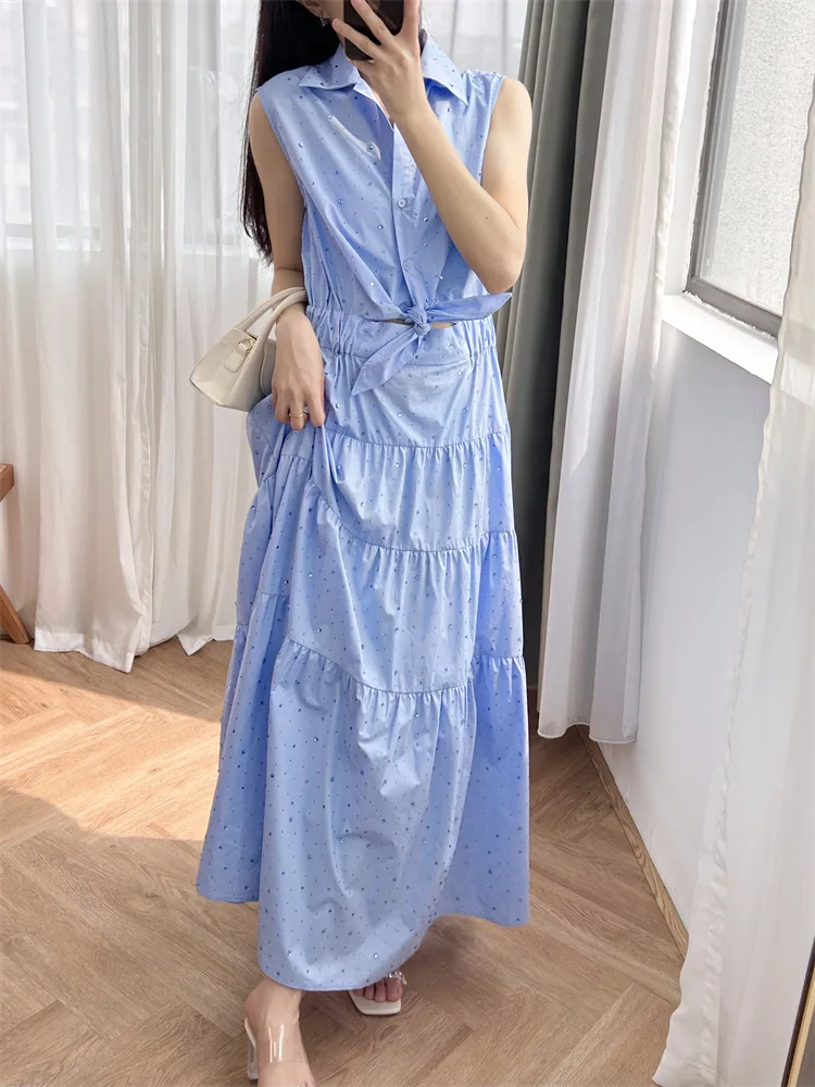 Women-Blue-Maxi-Dress-Diamond-Decoration-Elastic-Waist-Hollow-Out-Turn ...