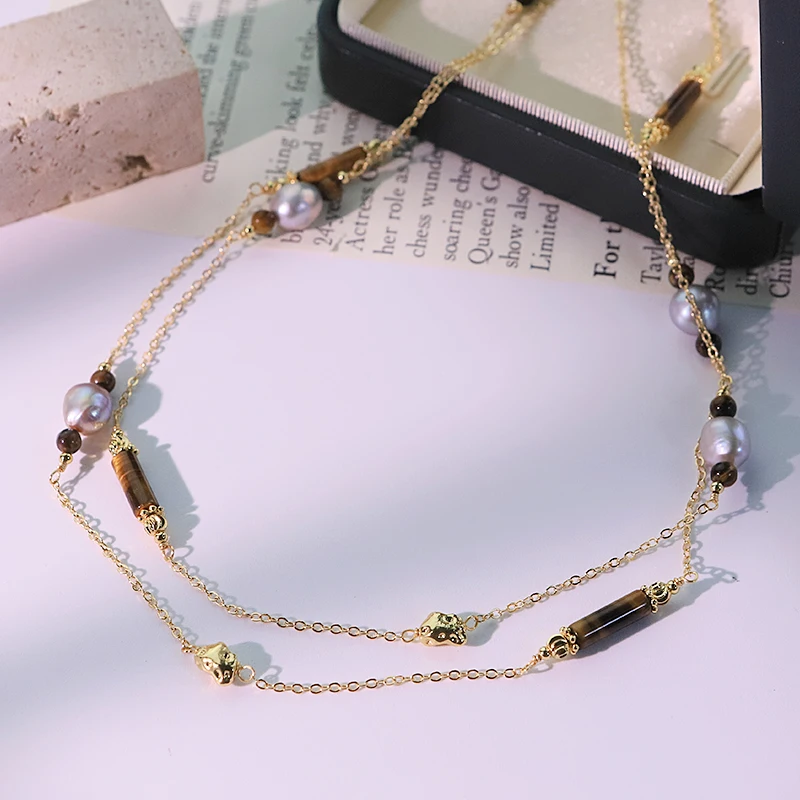 Natural Irradiated Pearl Copper Block Tiger Eye Sweater Chain ...