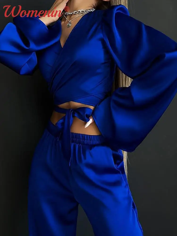 Satin-Two-Piece-Sets-Womens-Outifits-Elegant-V-Neck-Long-Flared-Sleeve ...