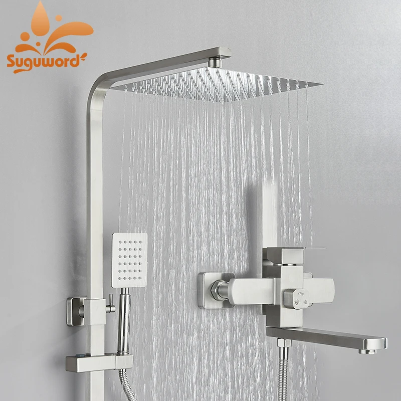 Brush-Nickel-Shower-Faucet-Long-Spout-Rotation-Tap-3-Function-Rainfall ...