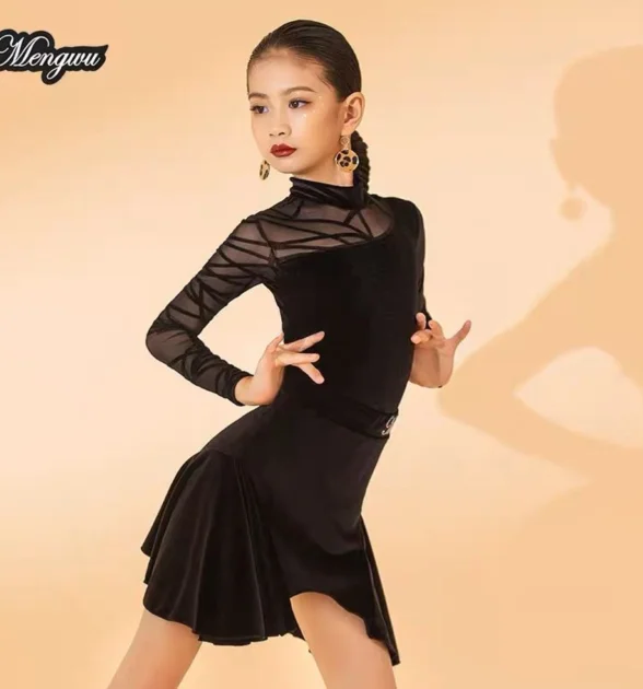 1set/lot children black latin dancing leotard and skirt girl velvet lace cha cha tango dancing ...