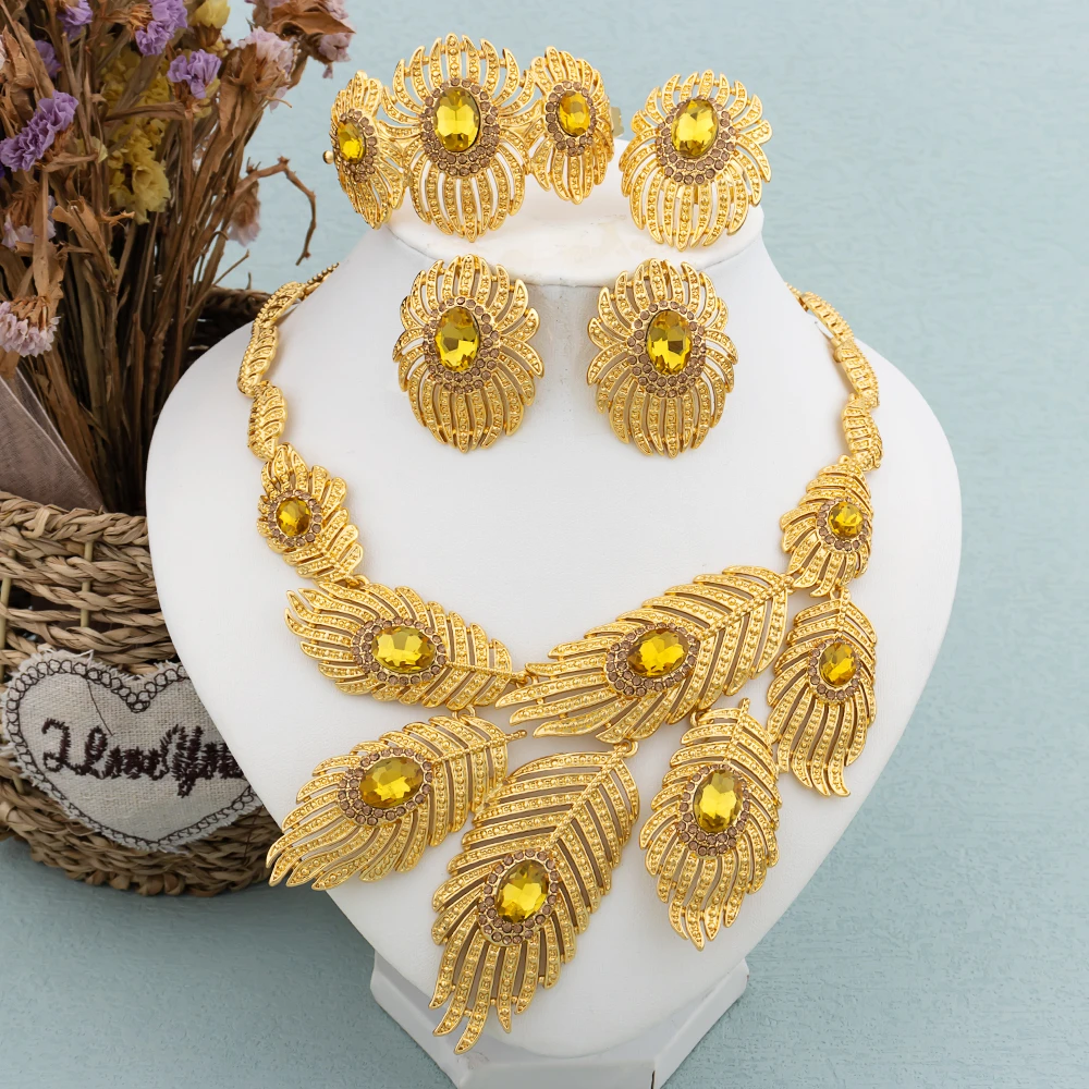 Italy Gold Color Jewelry Set Dubai Women Angel Feather Zircon Necklace ...
