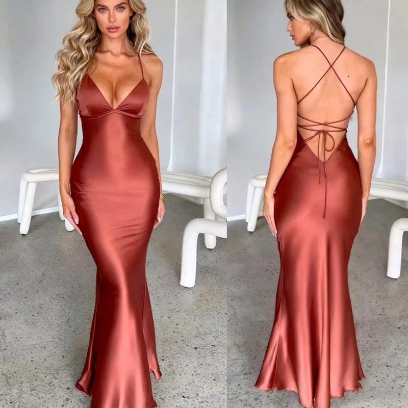 New Fashion Backless Women's Evening Dresses Slash Neck Spaghetti Strap ...