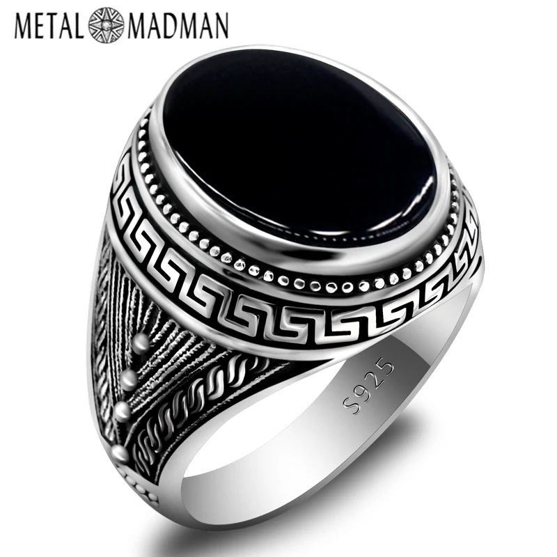 925 Sterling Silver Men Ring with Oval Natural Black Agate Stone Rings ...