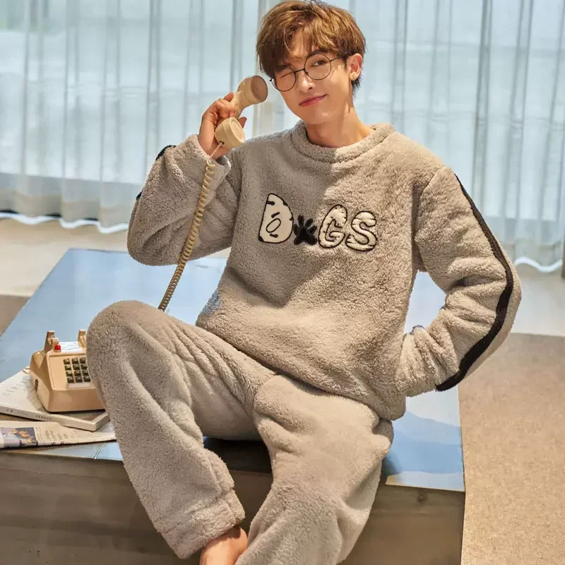 Men-Pajama-Set-Flannel-Home-Suit-Set-Velvet-Winter-Pajamas-Men-s-Coral ...