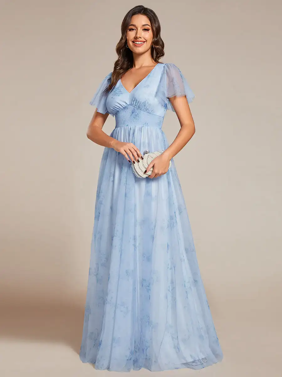 Vestidos-de-Noche-elegantes-tul-Floral-escote-en-V-profundo-manga-corta ...