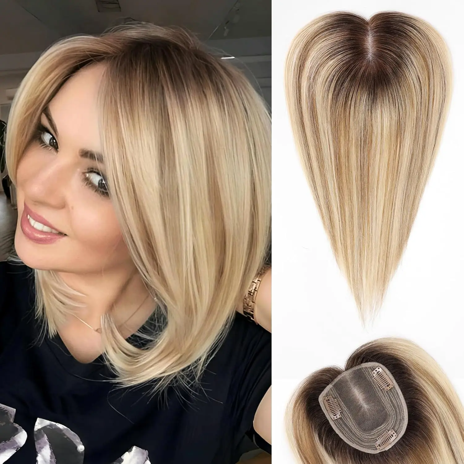 Braune-blonde-Highlight-12-Zoll-Echthaar-Topper-f-r-Frauen-mit-sch-tte ...