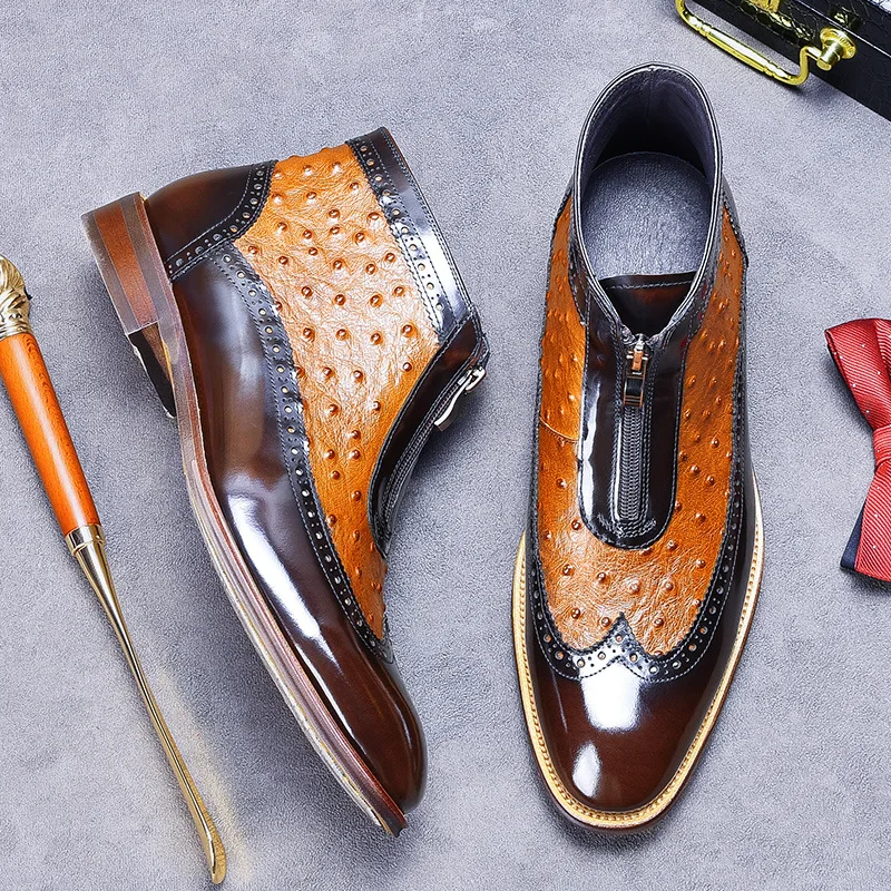 Handmade Ostrich Pattern Brown Men Ankle Boots Genuine Leather Retro ...