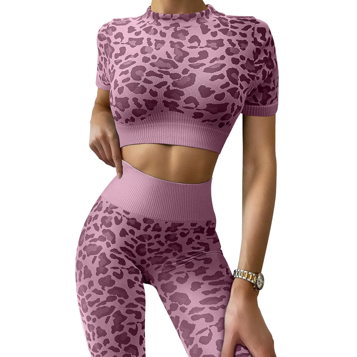 Seamless-Leopard-Yoga-Sets-Sports-Fitness-High-Waist-Hip-lifting-Trousers-Short-Sleeved-Suits ...
