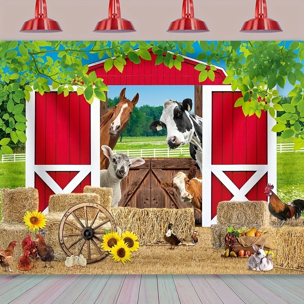 Holiday countryside style farmhouse background cloth - red barn, animal ...