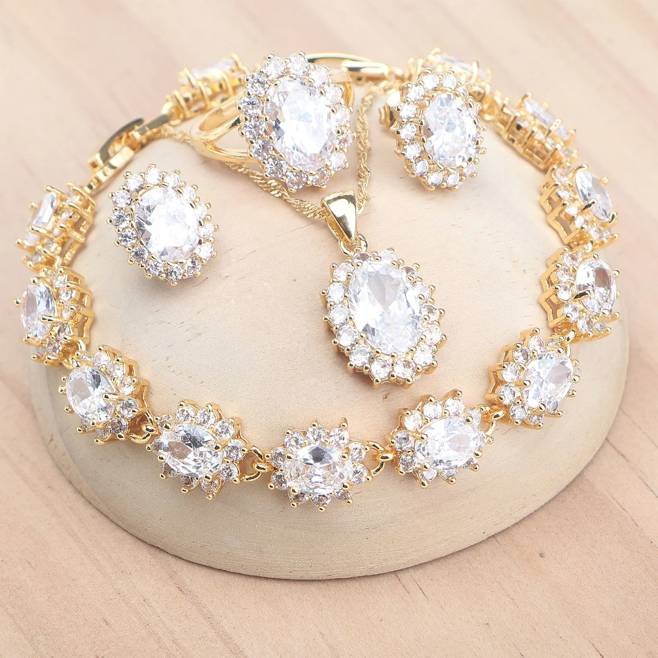 925 Sterling Silver Gold Color Jewelry Sets Bridal White CZ Wedding ...