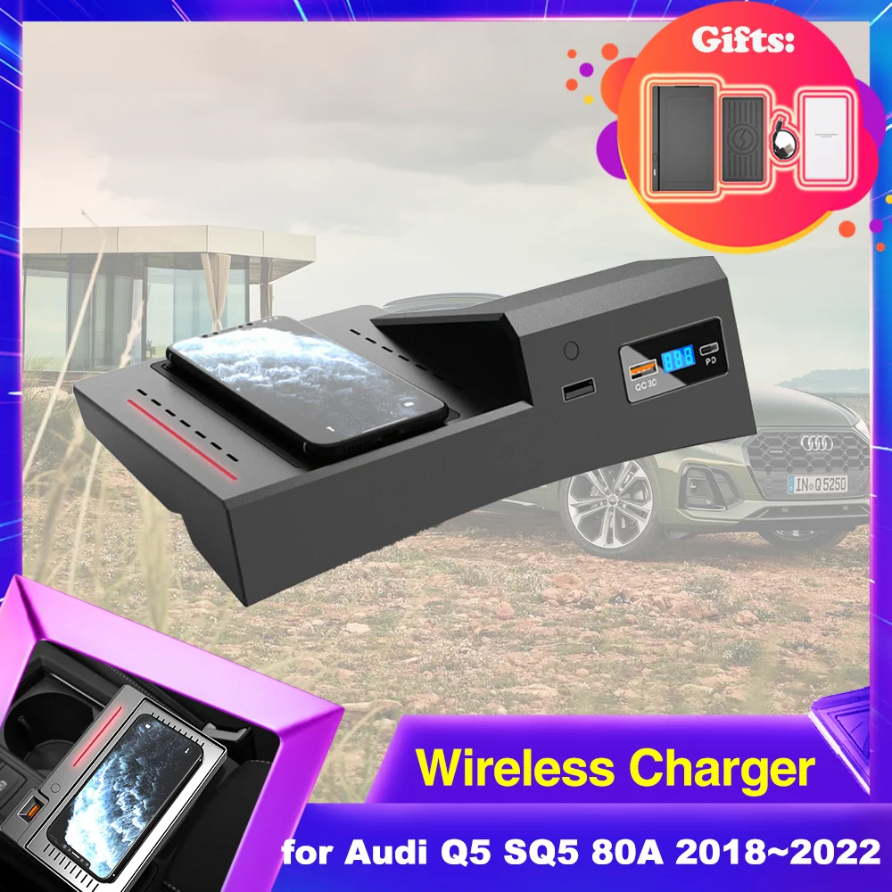 15W Car Wireless Charging Pad for Audi Q5 SQ5 80A Sportback 2018~2022 Phone Fast Charger Plate ...