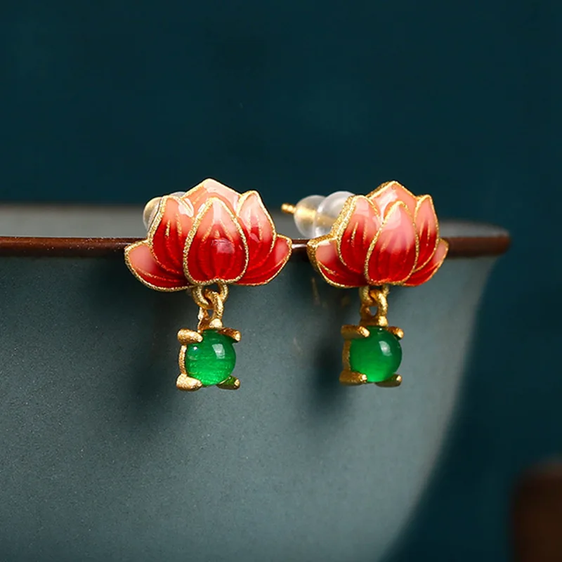 Green Real Jade Lotus Earrings Stone Women Gift Ear Studs Carved Luxury ...