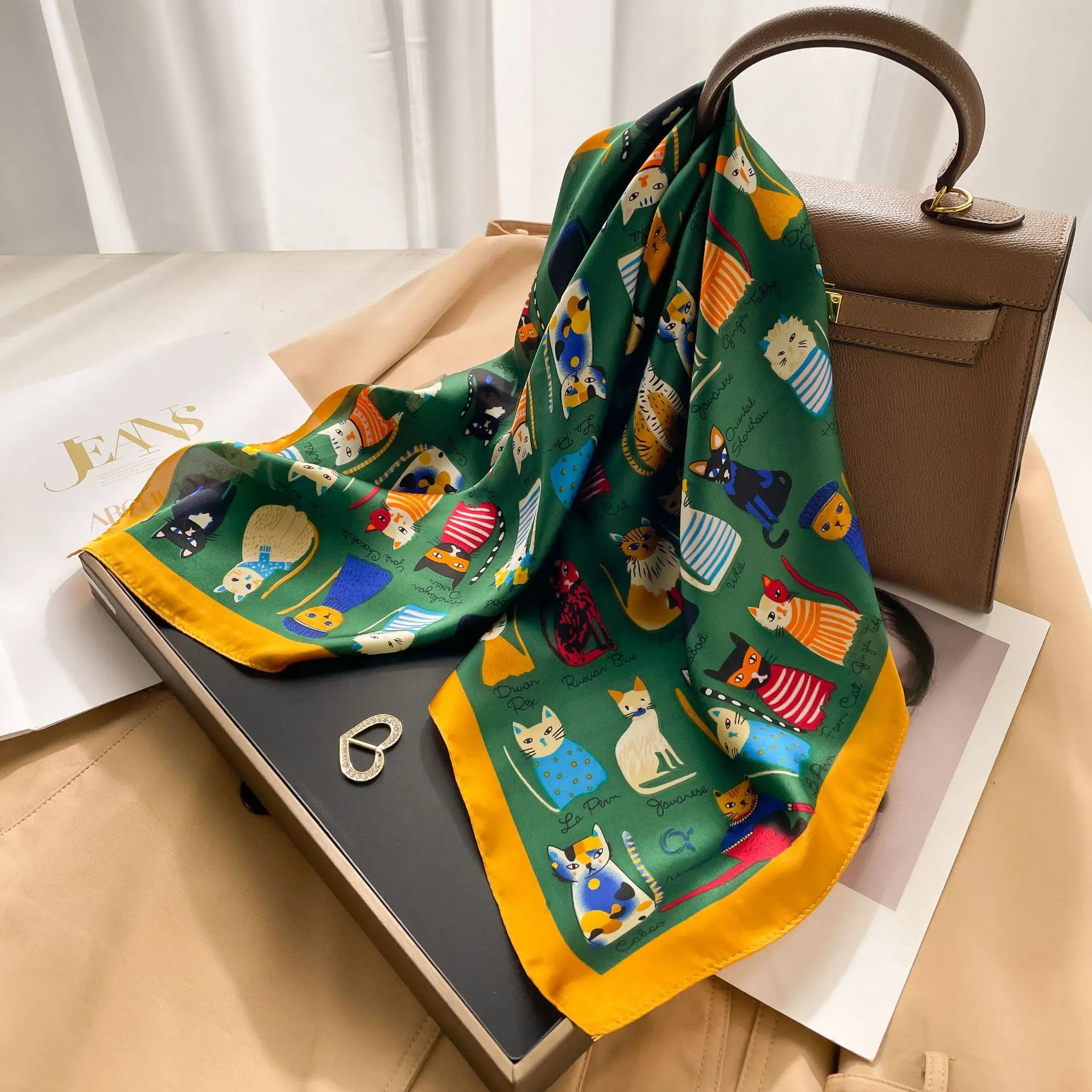 1pcs 70cm Cat Pattern Silk Scarf for Women Imitation Silk Animal Print ...