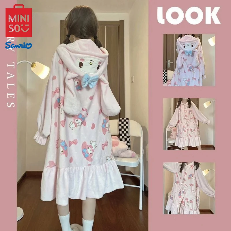 MINISO-Sanrio-Pajamas-Melody-Sleep-Robe-Coral-Fleece-Winter-Nightgown ...