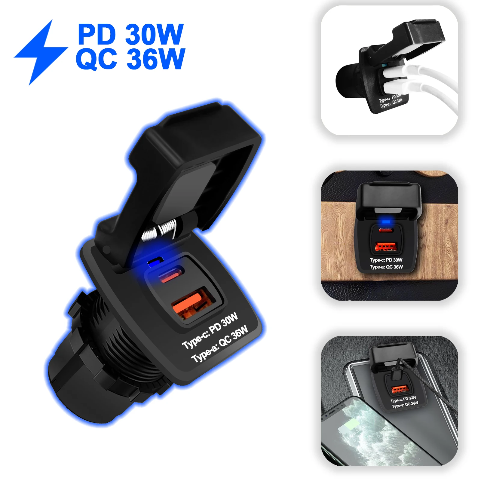 Dual USB Type C Quick Charger 12V-24V Power Socket Adapter USB-C& USB-A ...