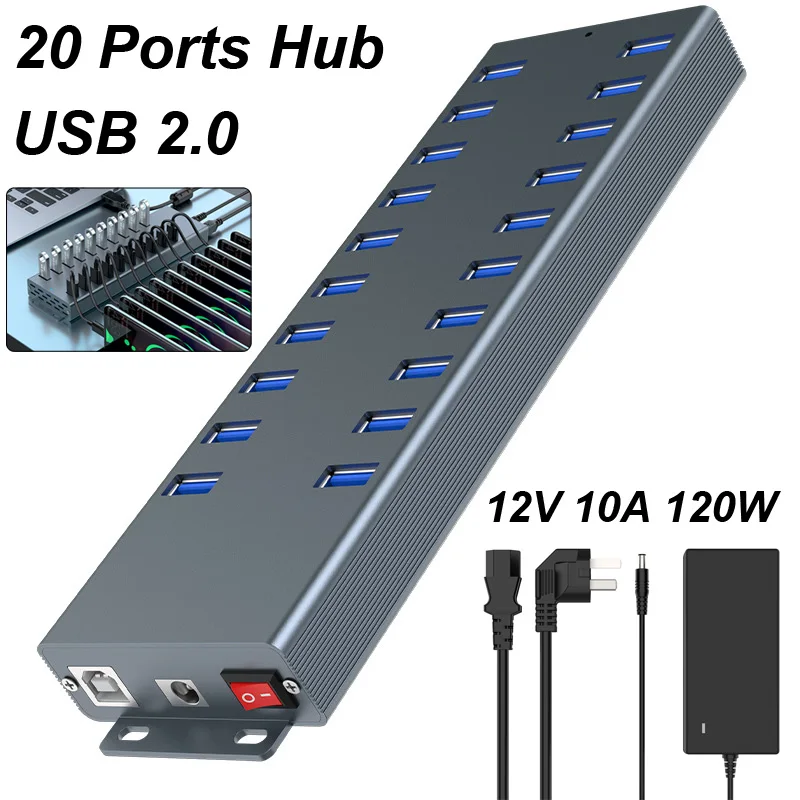 20 Port USB 2.0 Hub High Speed Data Transfer Fast Charger Splitter ...