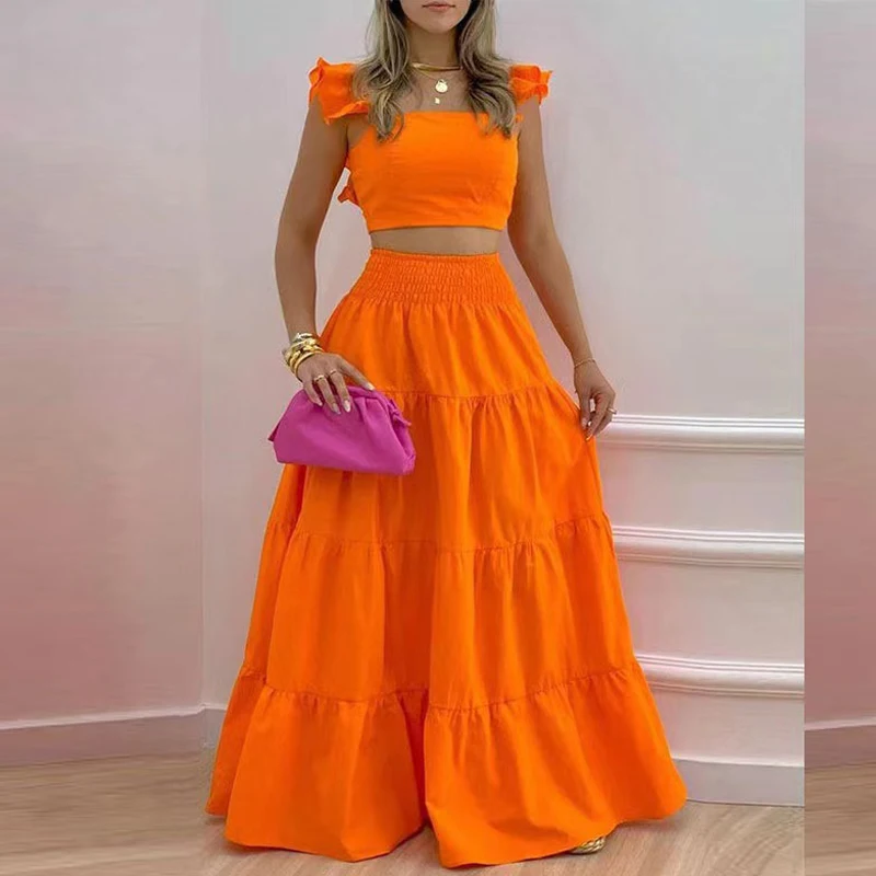 여성용 솔리드 스윙 스커트 복장 섹시한 슬래시 넥 크롭탑 플리츠 롱 스커트 세트 우아한 나비 소매 봄 여름 2 피스