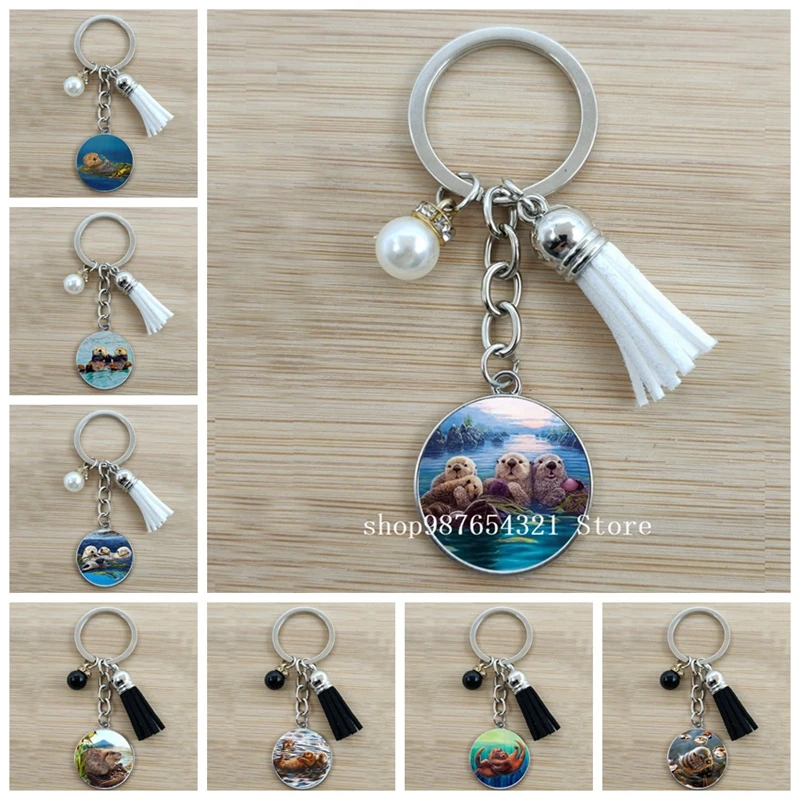 Animal-keychain-otter-picture-glass-cabochon-pendant-keychain-key-ring ...