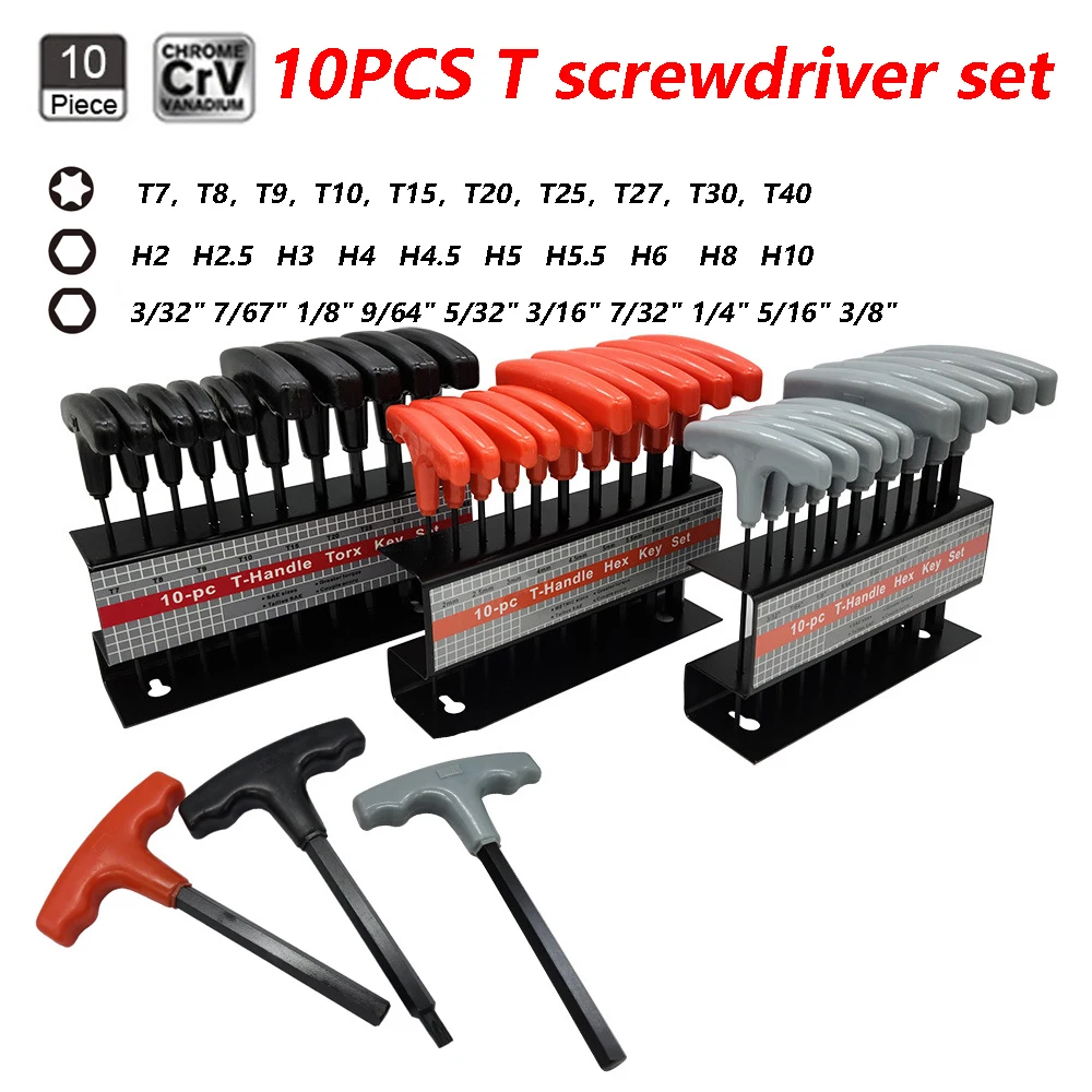 10PCS Metric or Inch T Handle Hex Key Allen Wrench Tool Set or Star Hex Key Screwdriver Set with ...