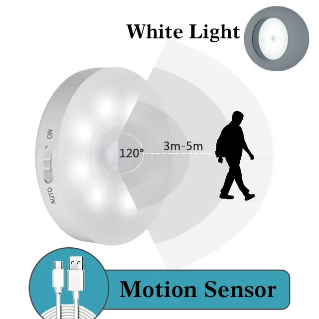 PIR Motion Sensor LED Night Light USB Rechargeable Human Induction ...