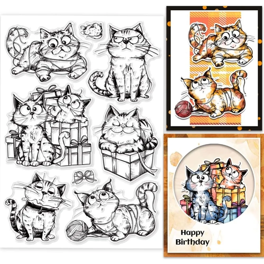 1Sheet Cartoon Gift Cat Clear Stamps Yarn Cat Clear Stamps Pet Cat ...