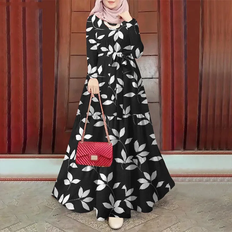 Elegant-Muslim-Women-Floral-Dress-Long-Robe-Long-Sleeve-Maxi-Dress ...