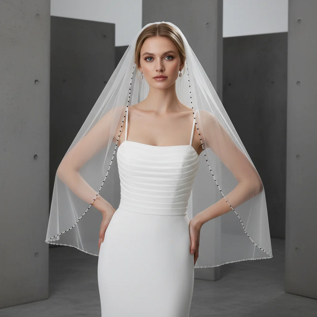 Elegant White Bridal Veil with Delicate Bead Trim Single Layer Tulle ...