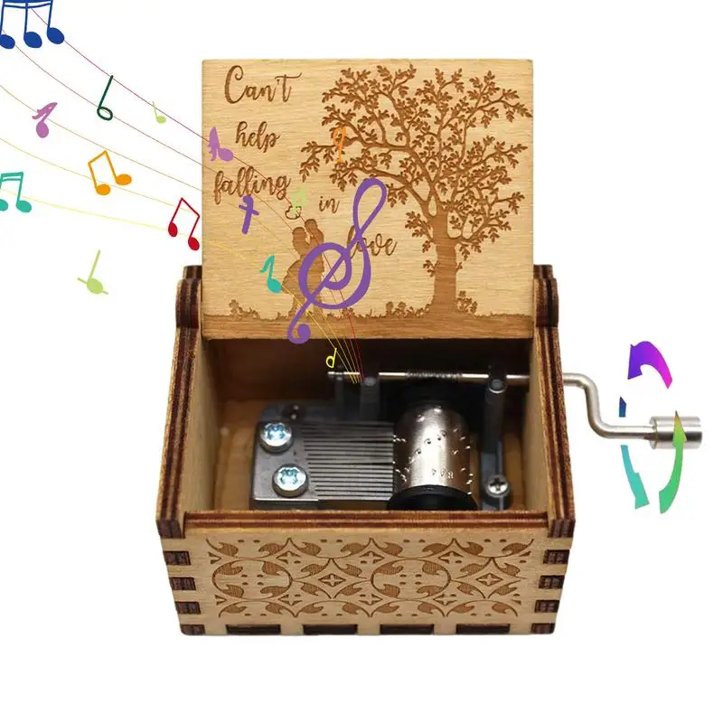 Engraving Wooden Music Box Hand-cranked Vintage Music Box Can't Help ...