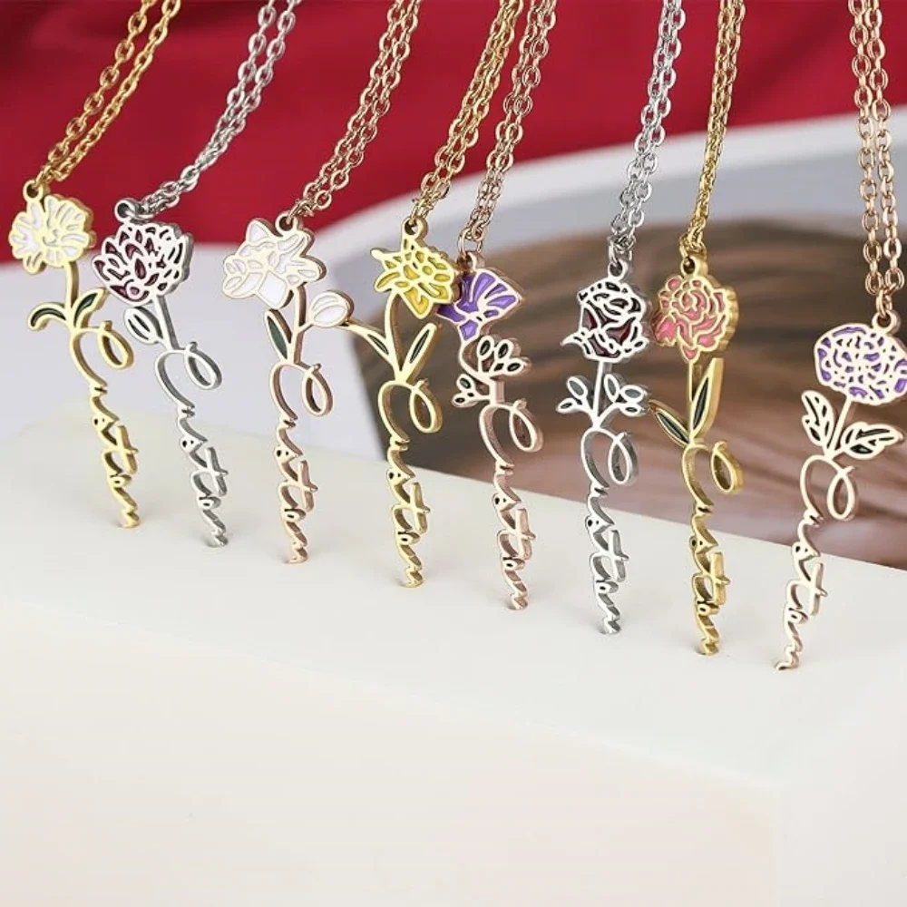 Personalized-Custom-Name-Necklace-for-Women-Birth-Month-Flower-Enamel ...