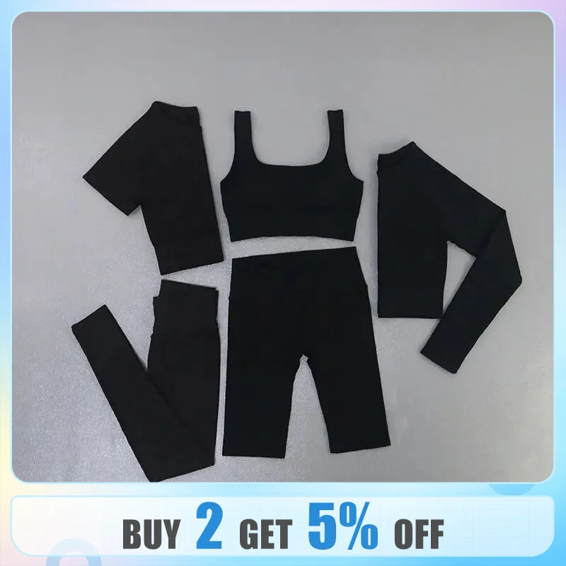 Seamless-Ribbed-Yoga-Sets-Workout-for-Women-5-Pieces-Gym-Suits-Crop ...