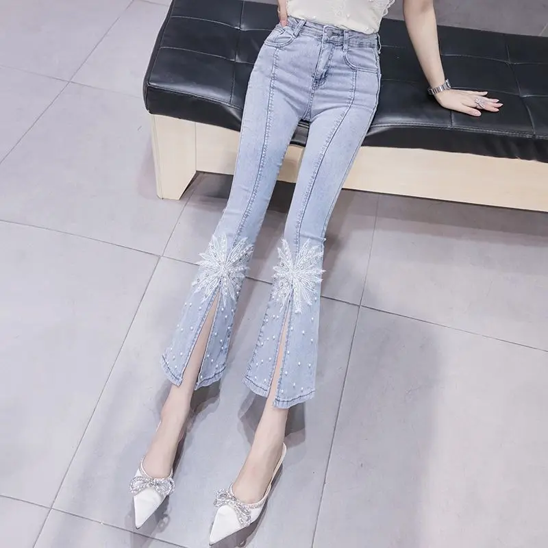 Womens Jeans Pipe with Rhinestones Skinny Cropped Pants for Women Slim ...