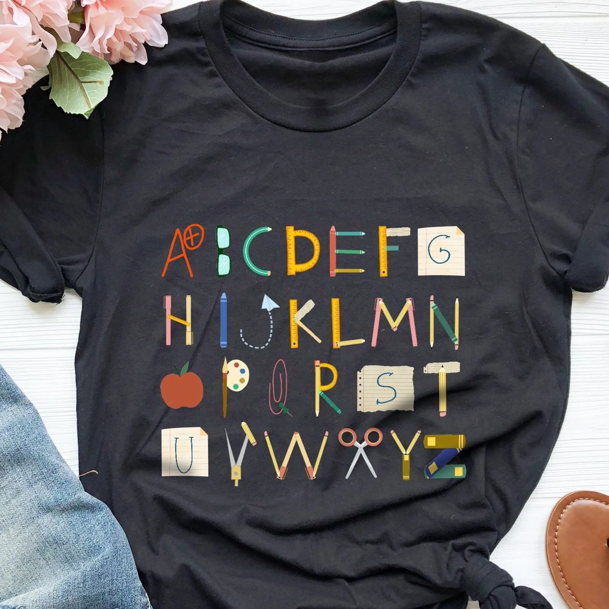 Alphabet-Doodle-Teacher-T-Shirt-ABC-Kindergarten-Fall-For-School-long ...