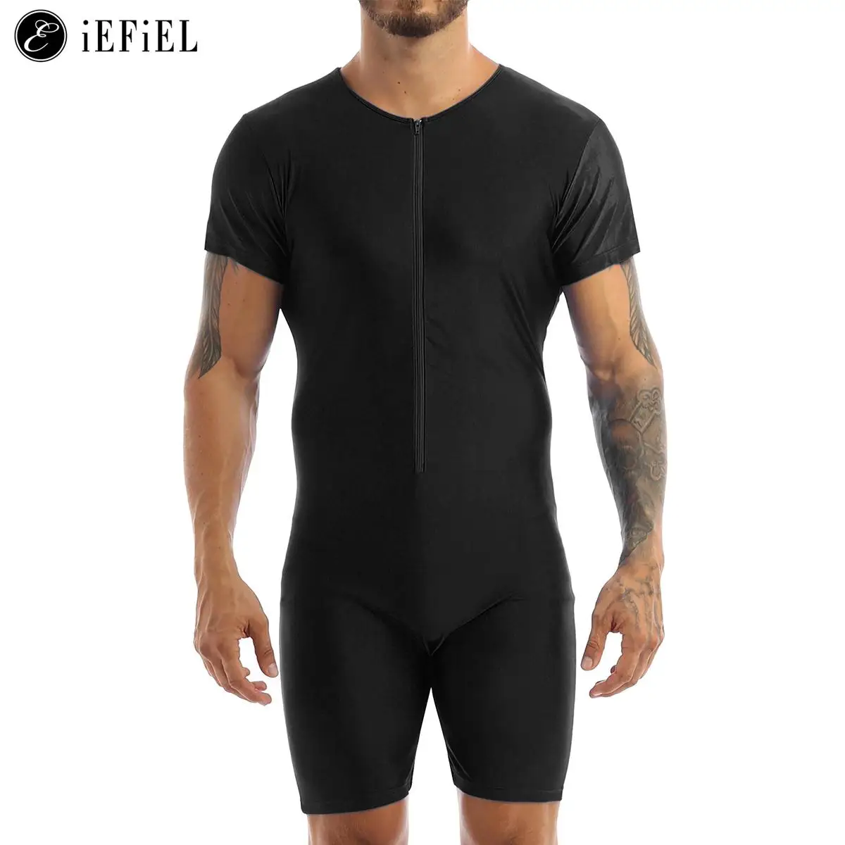 Mens Short Sleeve Zipper Front Leotard Bodysuit One-Piece Dance Gym ...