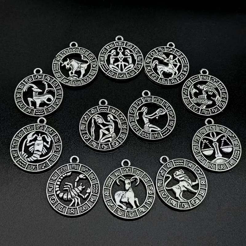 12pc Cor Prata 24x21mm Doze Constelações Encantos Zodíaco Pingente Para ...