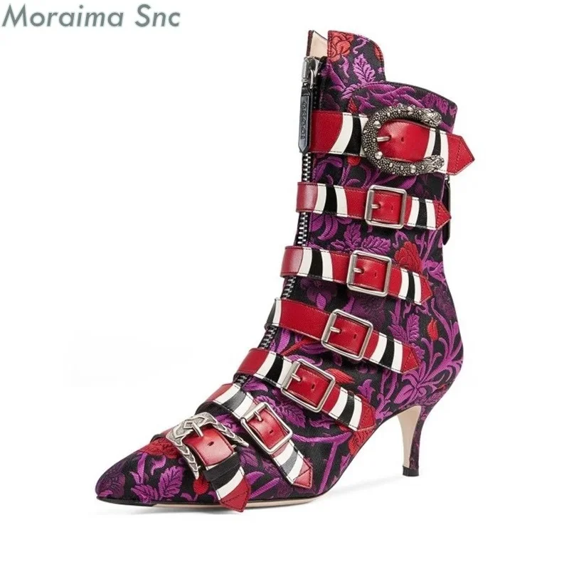 Moraima Snc Mixed Color Pointed Toe Shoes Ankle Boots Buckle Decor Thin High Heels Zipper New