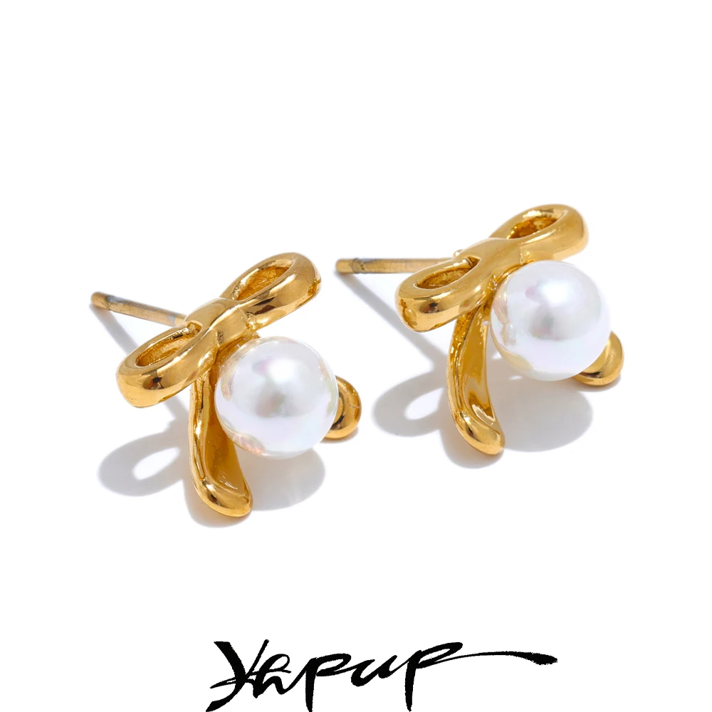 Yhpup Elegant Imitation Pearls Bead Bow Knot Stud Earrings Fashion ...