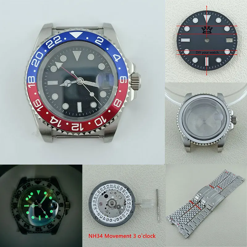 GMT Silver 40mm Watch Case Fit NH34 Movement Custom logo Dial Sapphire ...