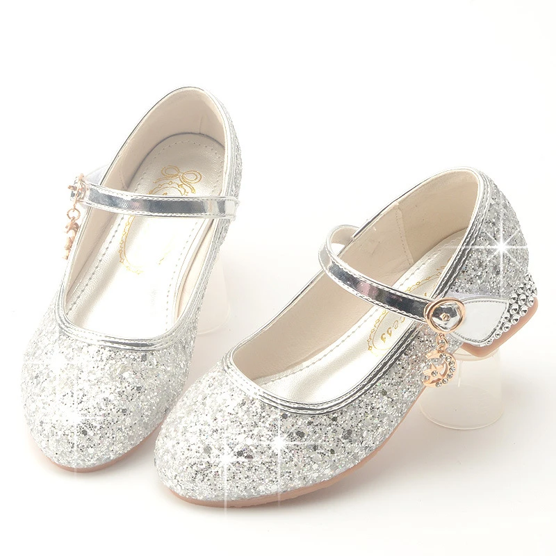 Princess Kids Leather Shoes Girls Flower Casual Glitter Rhinestone Crystal Heel Children High ...