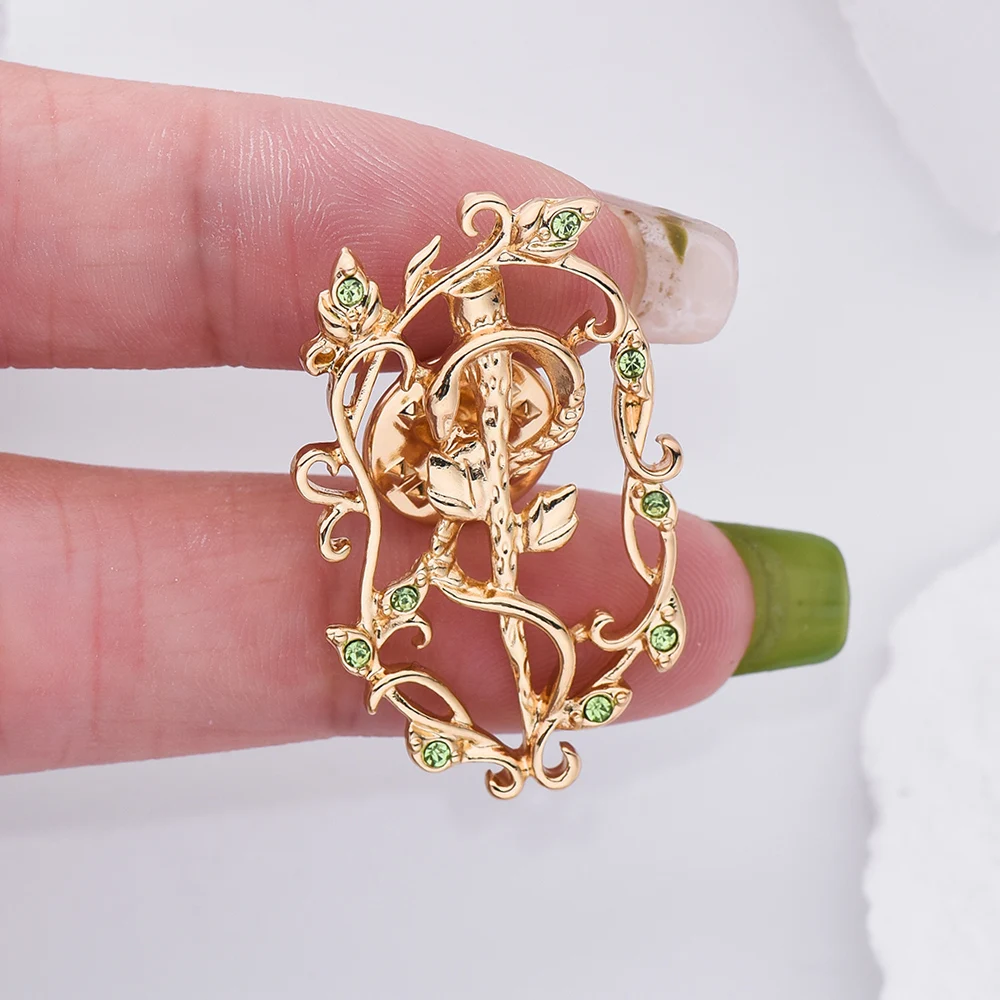 Snake Staff Asclepius Brooch Green Crystal Flower Bud Caduceus Pin ...