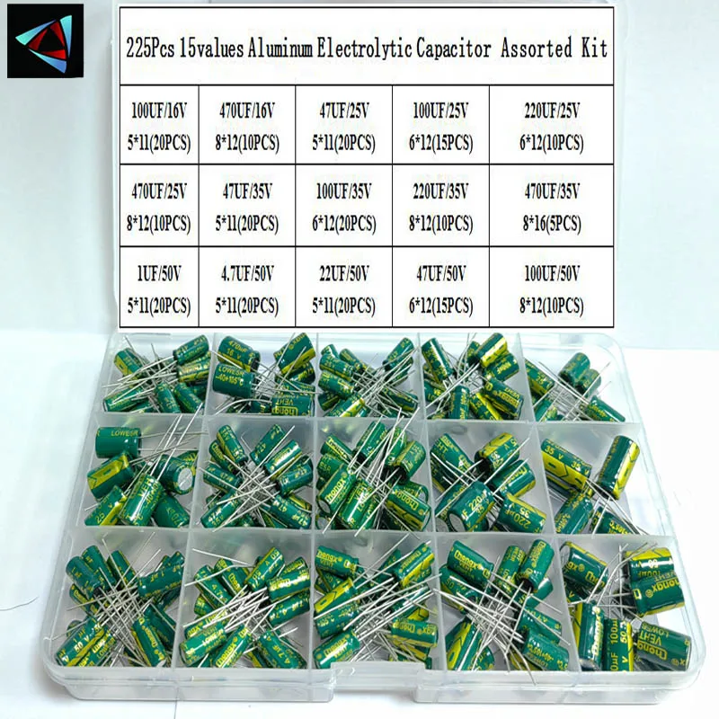 225Pcs-Box-Capacitor-Kit-DIP-Aluminum-Electrolytic-Capacitors-Set ...
