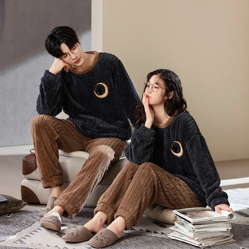 Yasuk 따뜻하고 부드러운 잠옷 잠옷 및 바지, 벨벳 자카드 플리스 소재, 두꺼운 달 디자인 커플 유니섹스 겨울 패션 ...