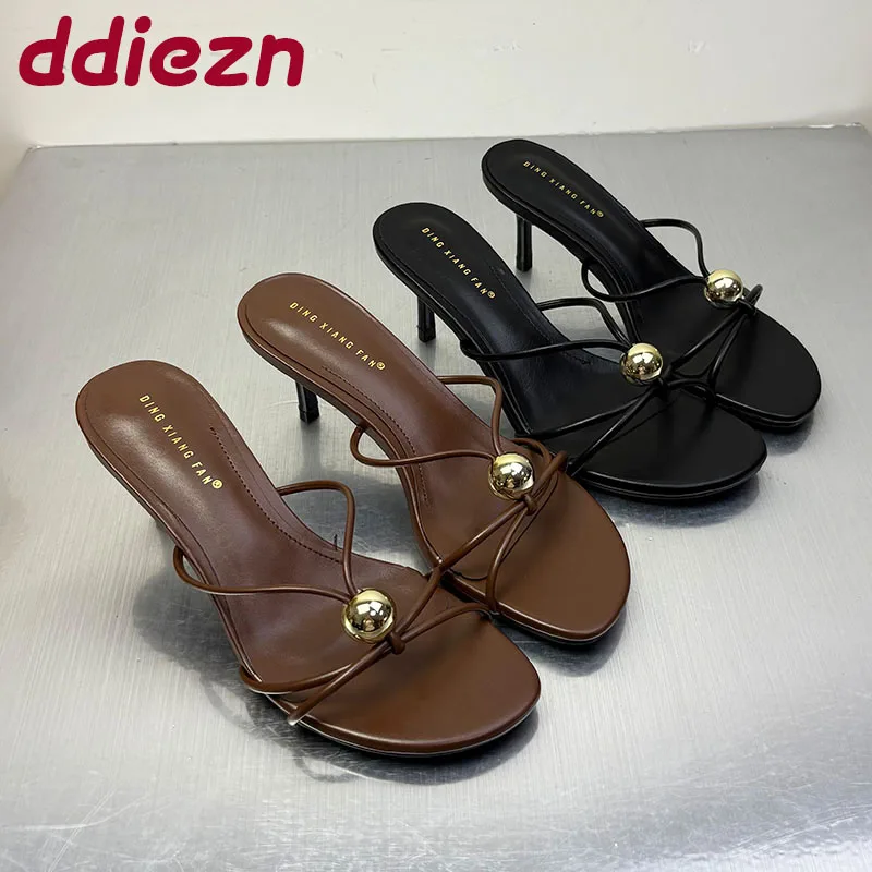 Footwear Fashion Metal Ladies Medium Heels Slippers Round Toe Female ...