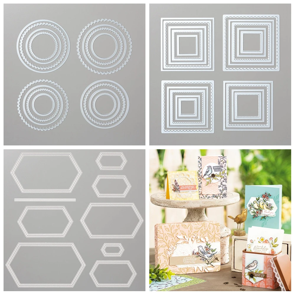 Layered Scalloped Round Square Hexagon Metal Cutting Dies Set Geometry ...