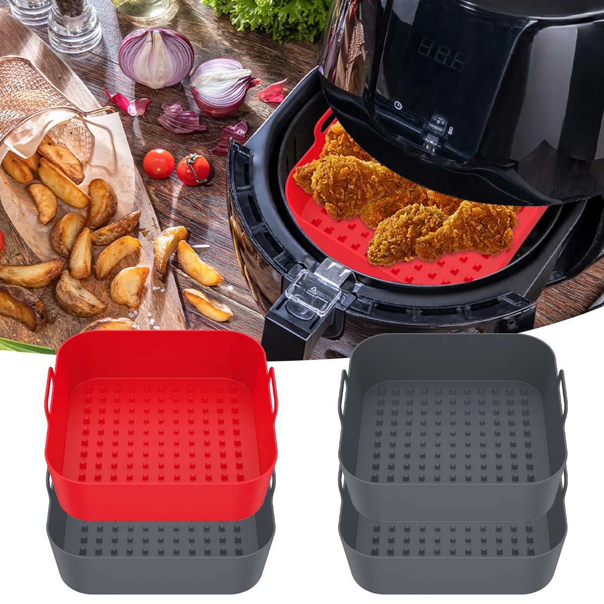 2Pcs-Air-Fryer-Silicone-Pot-with-Handle-Thick-Reusable-Silicone-Square ...