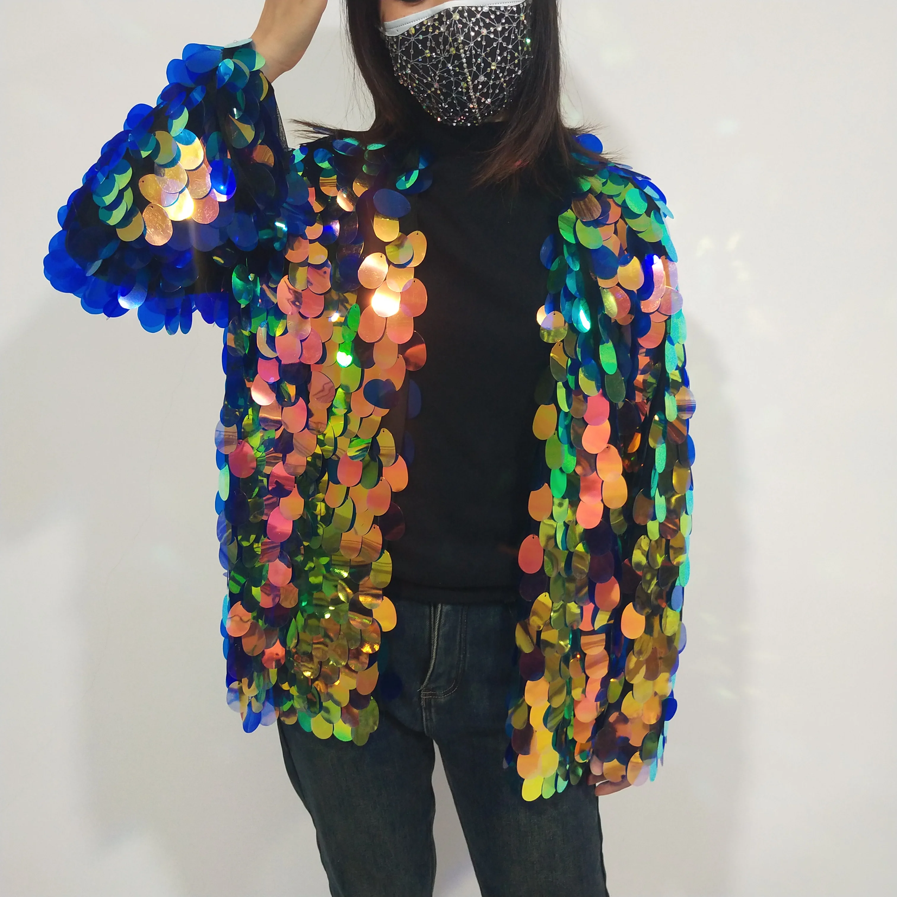 Glitter-Sequins-Cape-Jacket-Mesh-Loose-Coat-Female-Carnival-Party-Rave ...