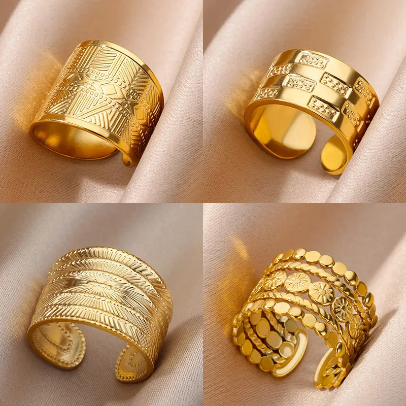 Geometric-Open-Wide-Stainless-Steel-Rings-For-Women-Minimalist-Gold ...